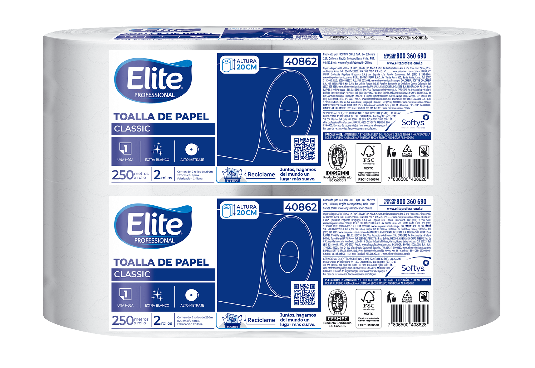 Toalla Rollo Una Hoja 2 Un x 250 Metros Elite Professional